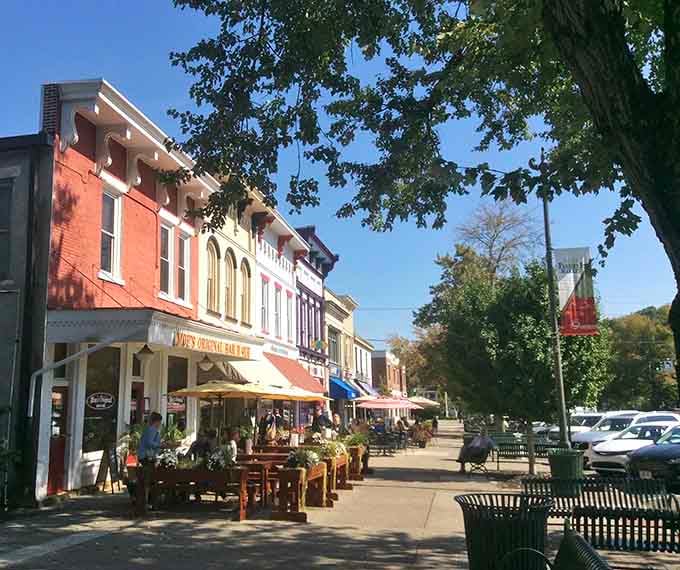 Shaded sidewalks and historic architecture create the perfect backdrop for a leisurely afternoon of eating and exploring.