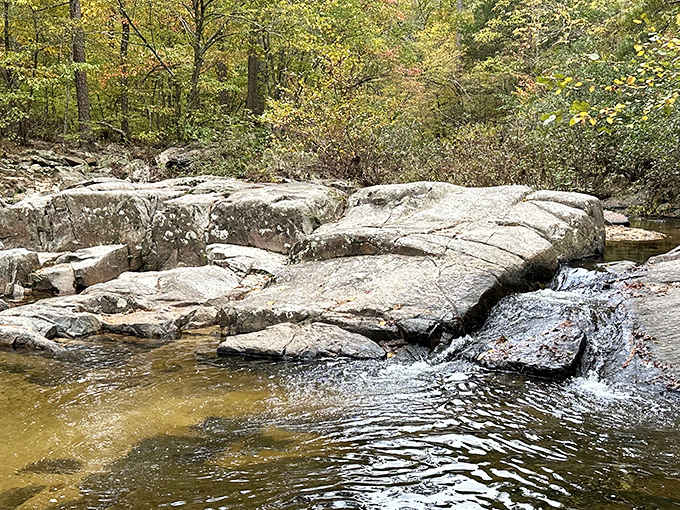 Fall foliage frames smooth, weathered rock ledges as quiet water trickles past &mdash; nature's own living room, fully furnished.