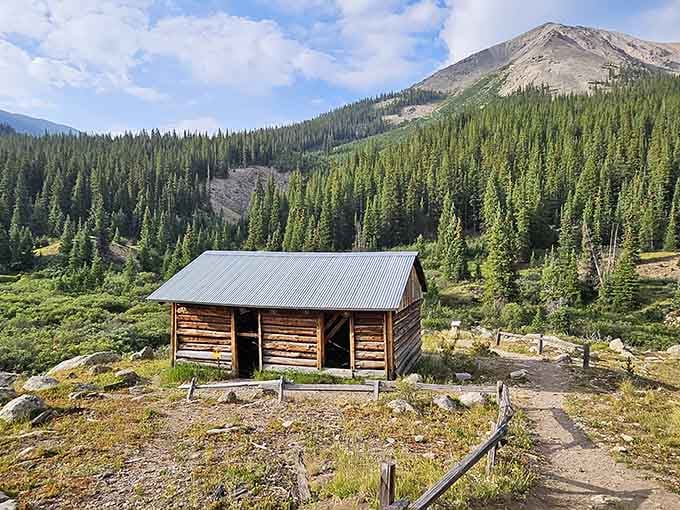 Perched on a rocky ridge with the whole San Juan wilderness behind it, this little cabin earned every one of its wrinkles.