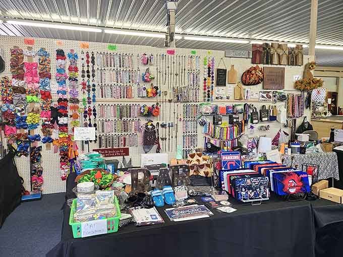 A wall of colorful handmade bows and accessories so cheerful, even the most reluctant shopper stops to browse.