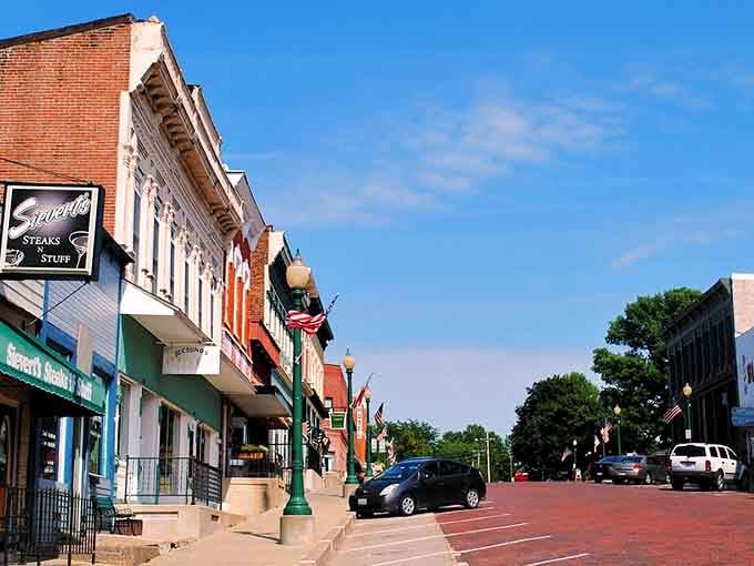 American flags line Mount Carroll's main street like a welcome committee, with Sievert's Steaks N Stuff ready to seal the deal.