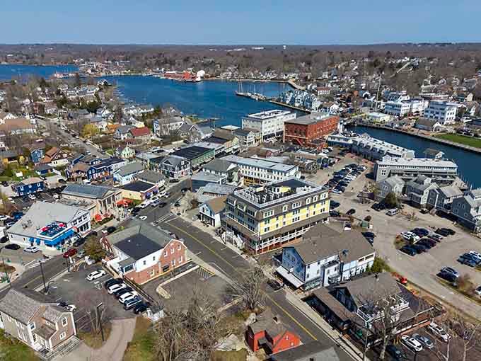 From above, Mystic's colorful rooftops and sparkling harbor look like a postcard that somehow got even better in real life.
