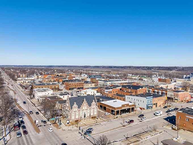 From above, this town spreads out like a patchwork quilt stitched together with tree-lined streets.