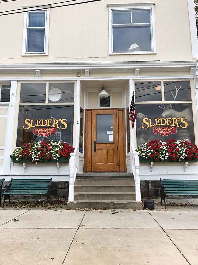 Red and white flowers spilling from window boxes give Sleder's the kind of curb appeal money can't manufacture.
