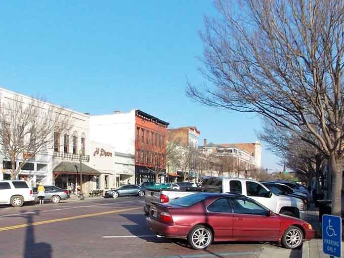 Winter sunlight stretches long across Thomasville's broad main street, turning every storefront into something worth stopping for.