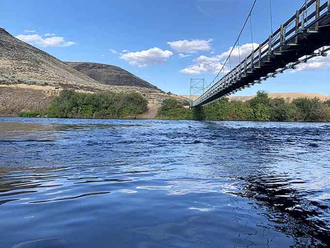 That bridge overhead marks your passage through wide-open country where the water moves slower than a Sunday afternoon.