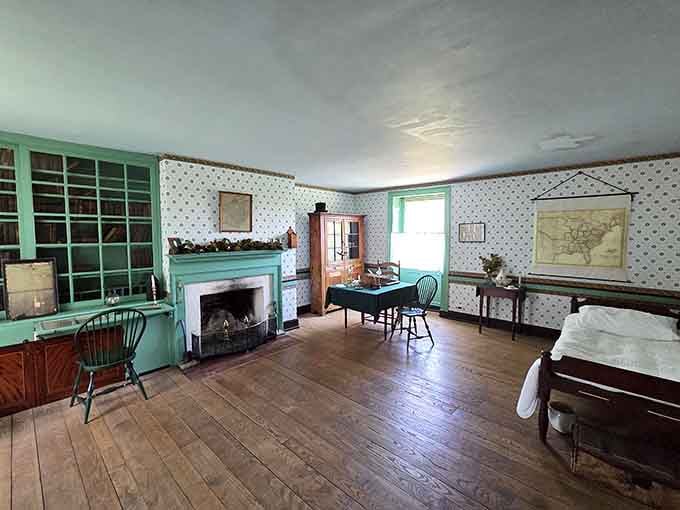 Floor-to-ceiling green shelves, patterned wallpaper, and a hanging map prove early Americans had serious decorating confidence.