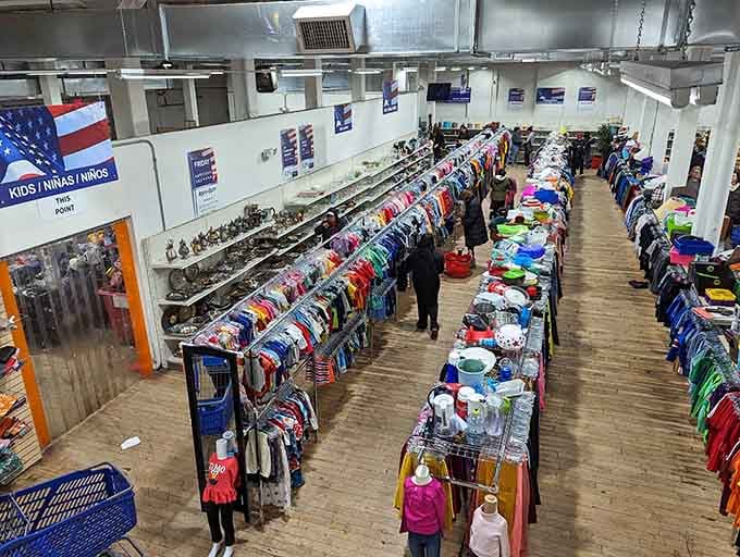 Row after row of colorful clothing stretches out like a rainbow that also happens to save you serious money.