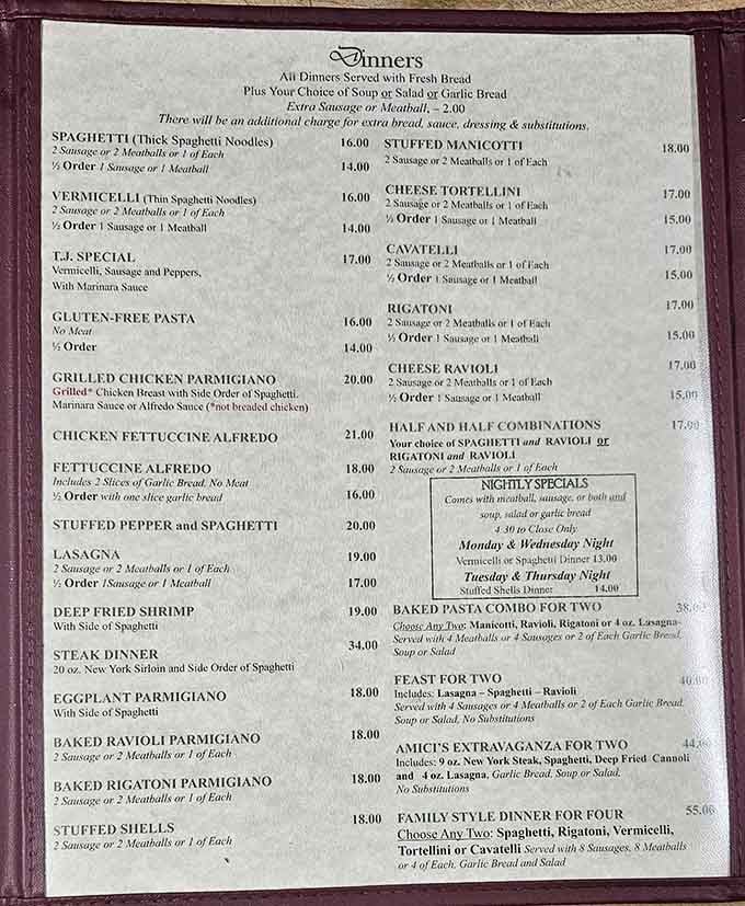 A menu this generous is basically a love letter written in pasta, meatballs, and garlic bread.