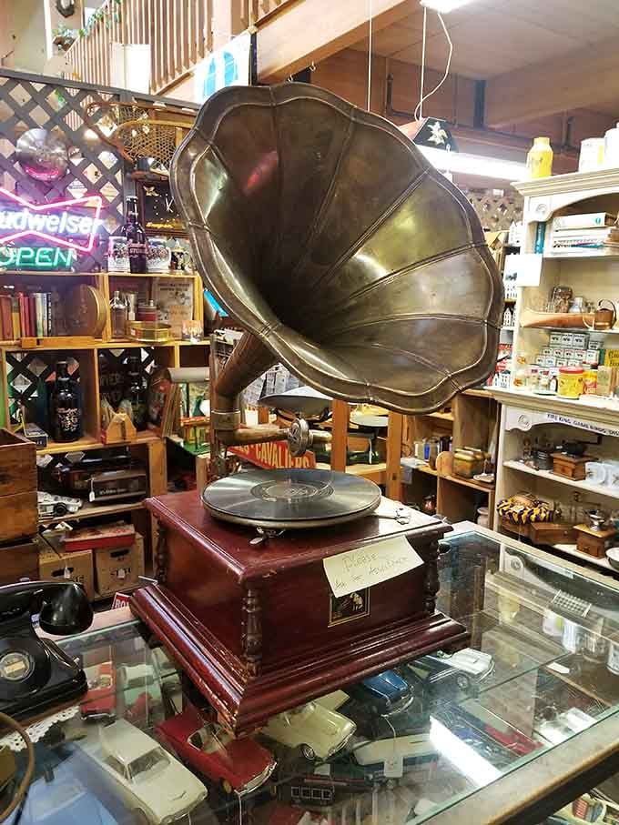 A brass gramophone sitting among toy cars and rotary phones, because some things are simply too magnificent to rush past.