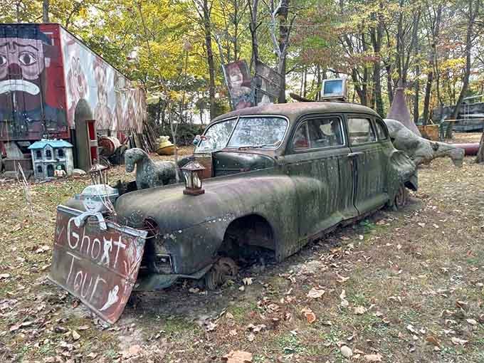 This ghost tour car hasn't moved in decades, but somehow it still feels like it's going somewhere.
