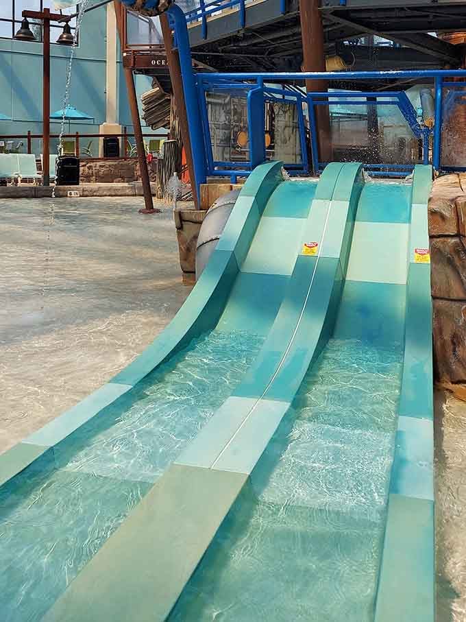 These aqua-colored racing lanes are deceptively innocent. Spoiler: everyone suddenly becomes very competitive.