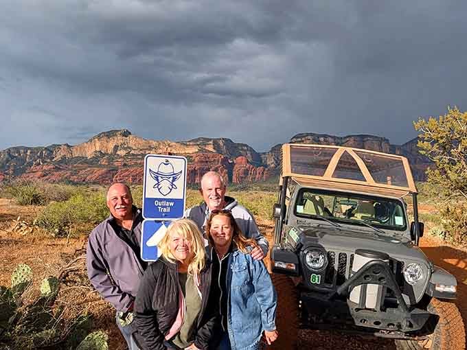 Storm clouds, red rocks, and big smiles. The Outlaw Trail delivers drama nobody had to script.