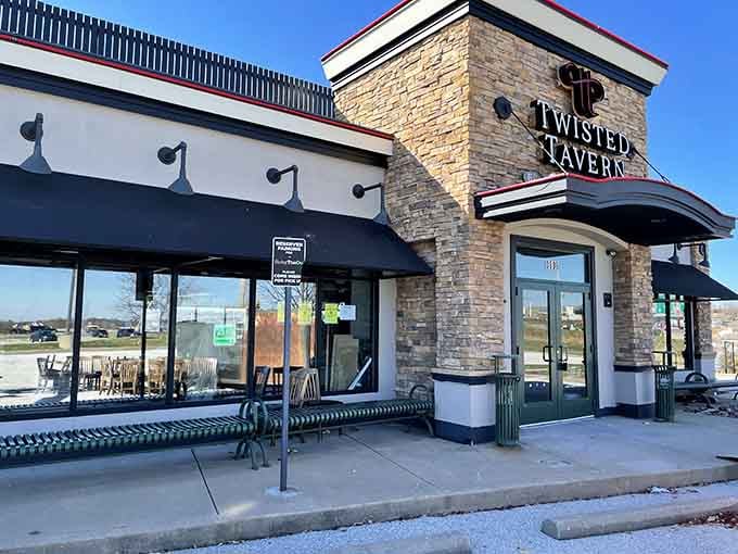 Bold signage, warm brick, and black awnings &mdash; Twisted Tavern means business, and that business happens to involve seriously good comfort food.