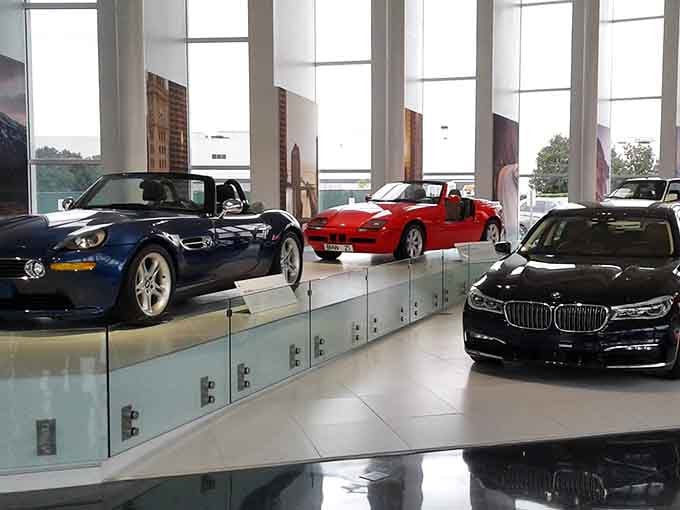 Classic roadsters and luxury sedans share the spotlight in a museum that celebrates decades of engineering excellence.
