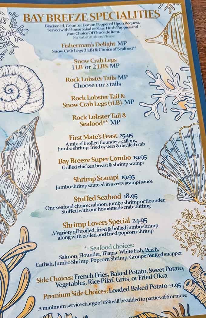 A menu this good deserves its own frame. Snow crab, lobster tails, and shrimp every which way.