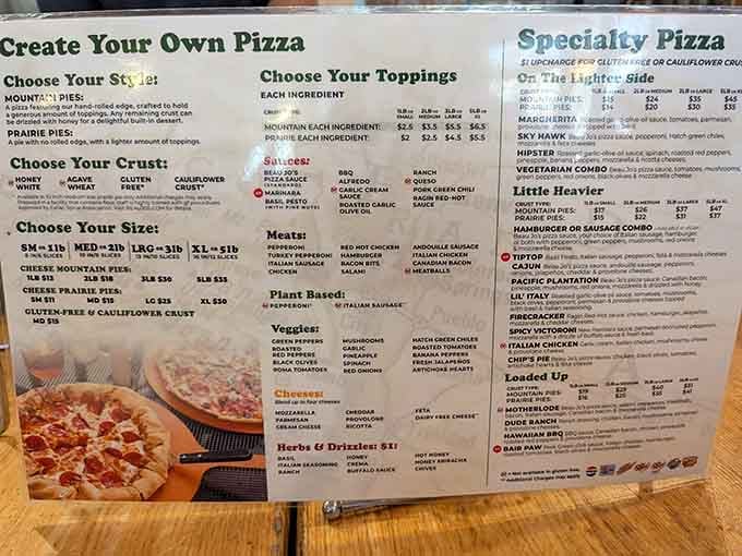 A menu that reads like a love letter to toppings. The only wrong choice is not ordering enough pounds.