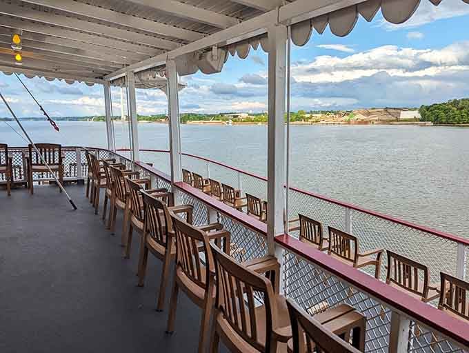 A row of empty chairs, a wide open river, and zero emails. This is what peace actually looks like.