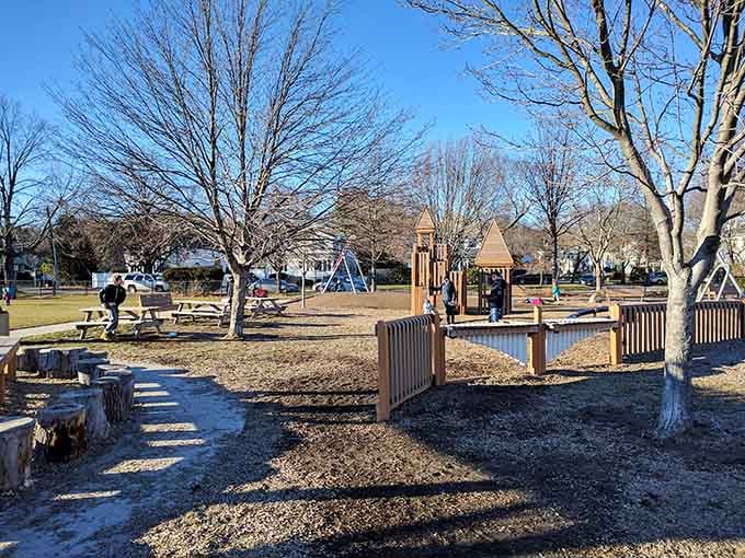Community playgrounds where kids still play outside and parents actually talk to each other instead of scrolling phones.