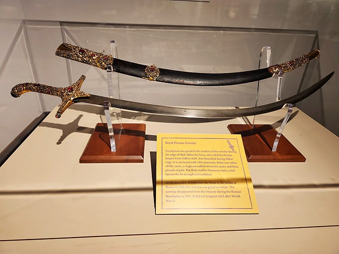 A jewel-encrusted Damascus steel blade with a history connecting Persian emperors to Russian tsars, just casually sitting in Anniston.