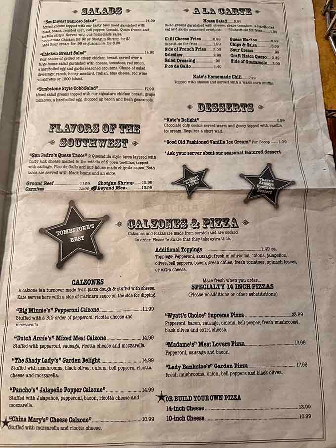 Named after outlaws and frontier legends, this menu reads like a history lesson you actually want to finish.
