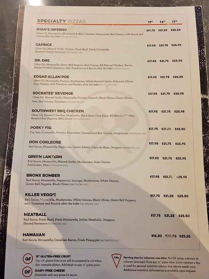 A pizza menu with names like Edgar Allan Poe and Socrates' Revenge proves someone in that kitchen has a sense of humor and serious taste.
