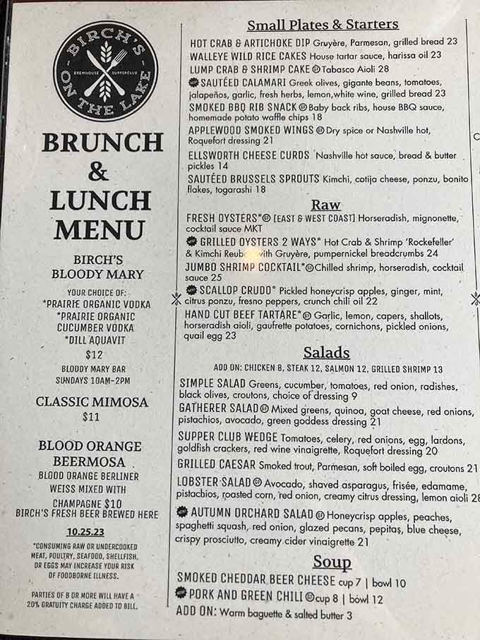 The brunch menu reveals a Bloody Mary bar that takes Sunday mornings seriously, plus oysters and artisan salads.