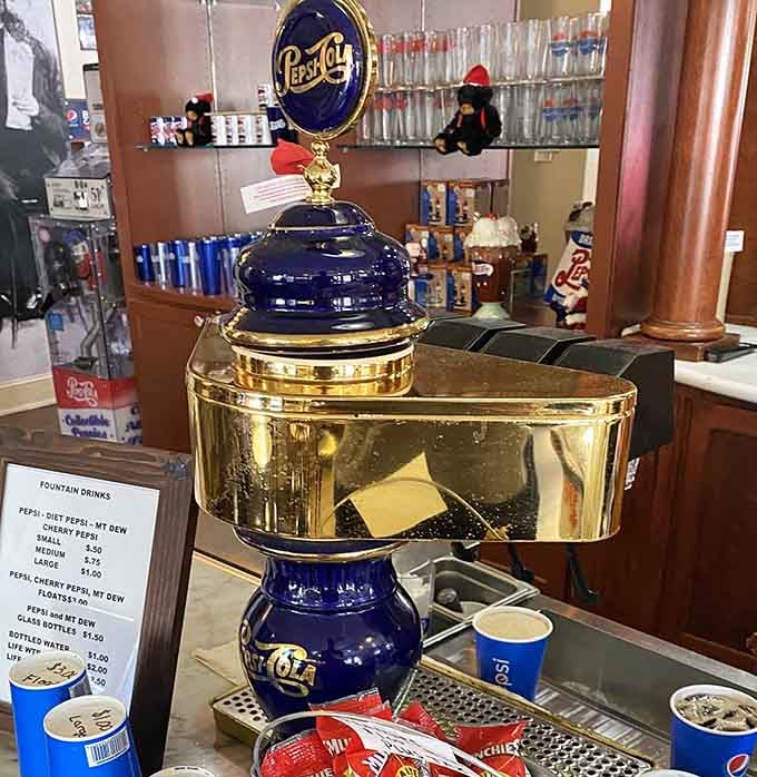 That cobalt blue and gold fountain isn't just pretty, it's where you order a piece of living history.