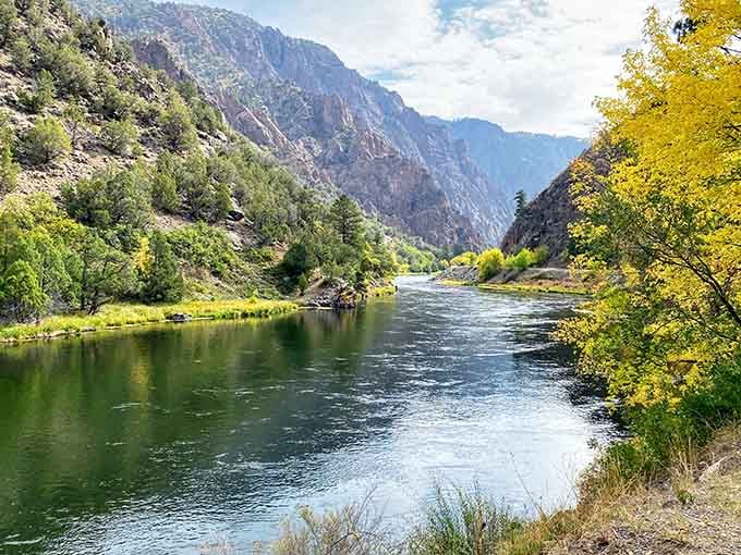 The Gunnison River looks peaceful from up here, but it's been grinding through solid rock for millennia.