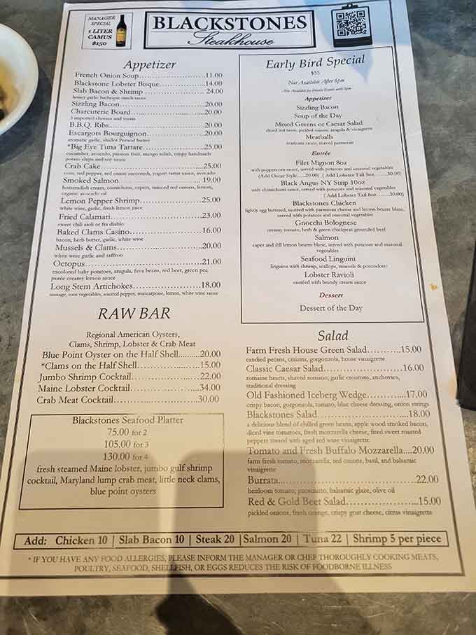This menu reads like a greatest hits album of steakhouse classics, each one a chart-topper.