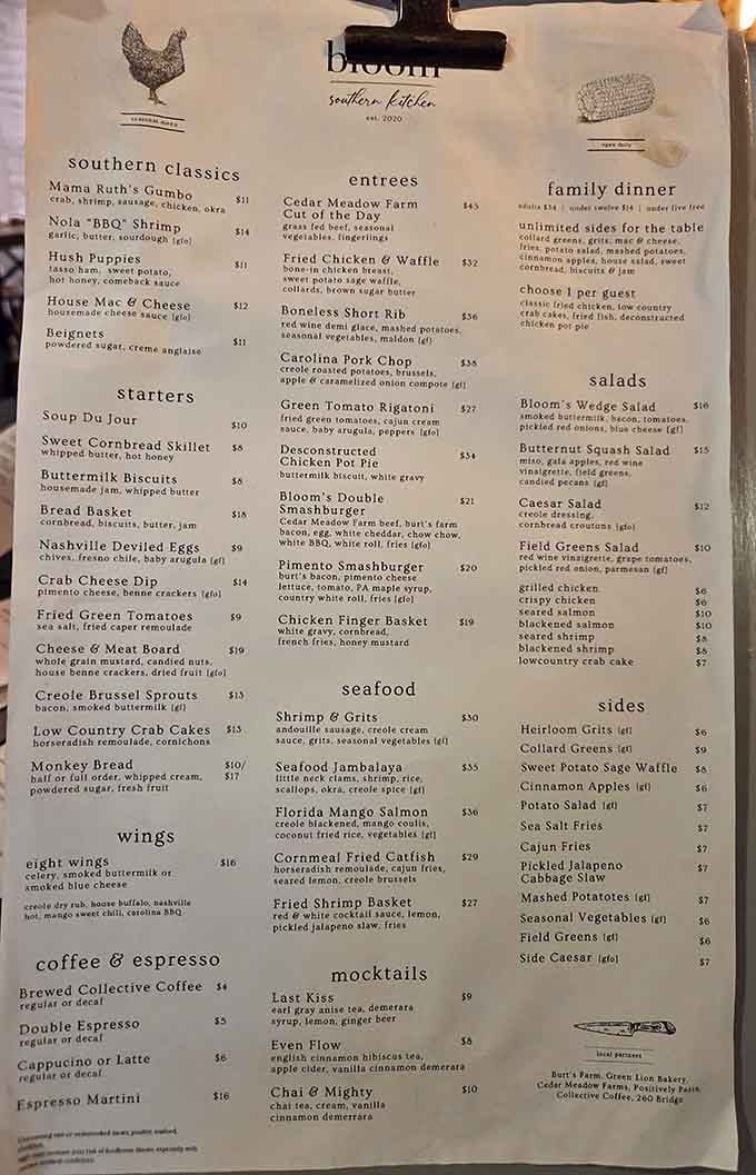 A menu this thoughtful deserves its own reading glasses. Southern classics, seafood, mocktails, and more await you here.