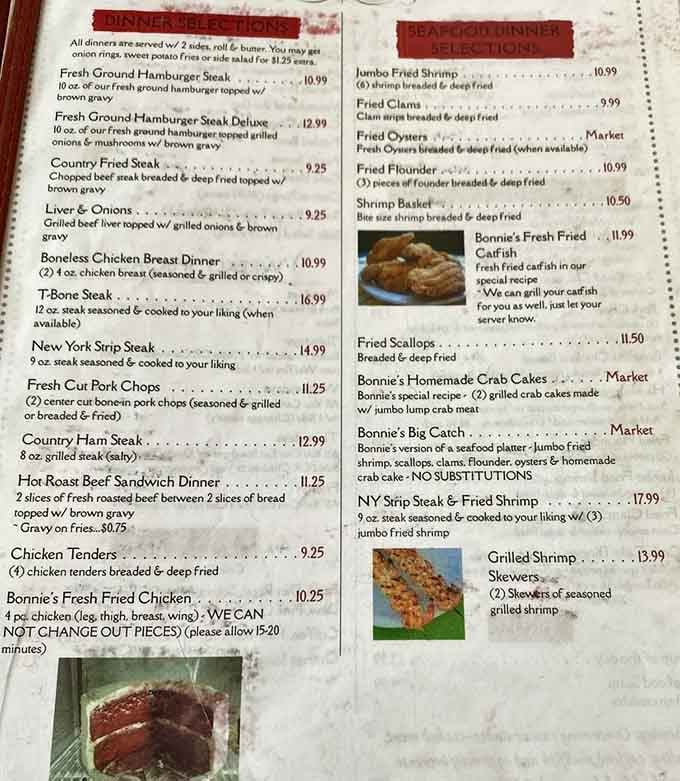 A menu that reads like a greatest hits album of American comfort food, from country fried steak to homemade crab cakes.