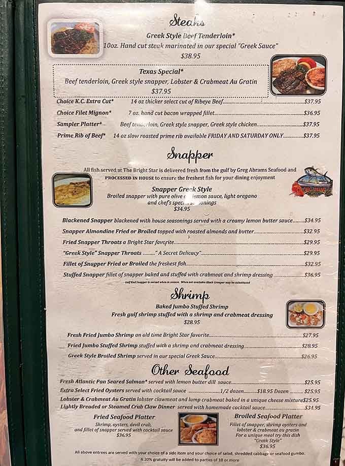 A menu that reads like a love letter to Gulf seafood, with Greek traditions woven right through every single page.
