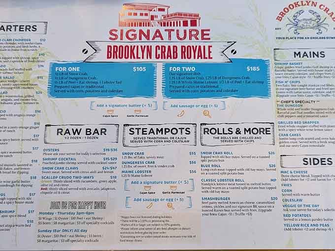 The Brooklyn Crab Royale menu reads like a love letter to seafood. Snow crab, Dungeness, lobster, and shrimp all on one glorious platter.