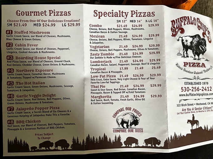 A menu this creative deserves its own reading glasses. Eight gourmet pizzas and counting, folks.