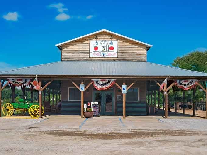 This rustic wooden building with its patriotic bunting says, "Come on in, we've been expecting you."