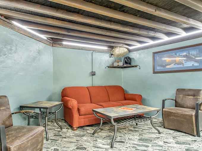 That orange couch never looked so good sitting beneath what might be the world's most interesting ceiling.