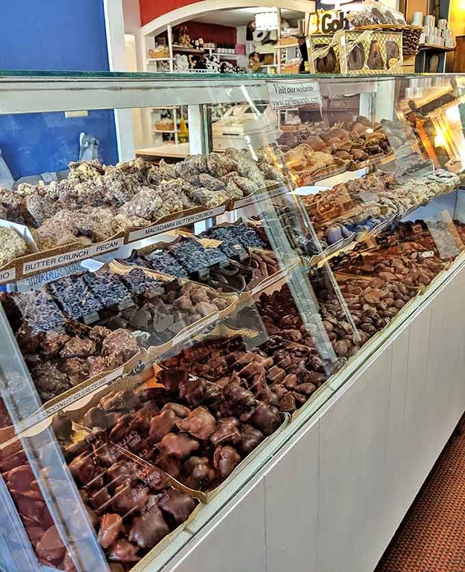 A glass case full of handcrafted chocolates so beautiful, making a decision feels genuinely impossible.