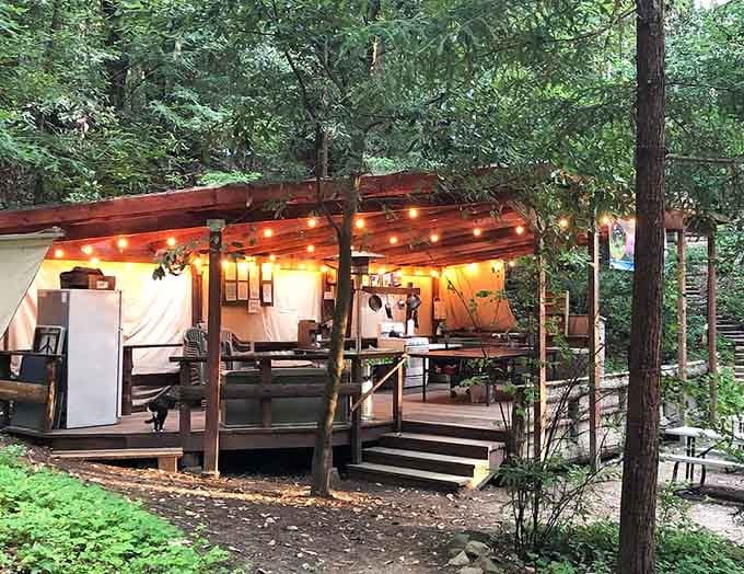 String lights, canvas walls, and a forest backdrop. Dinner reservations have never looked this good.