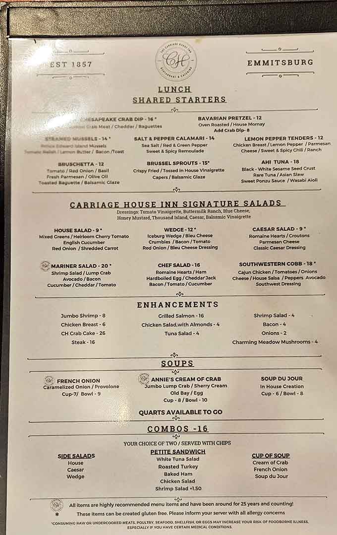 This menu reads like a love letter to Maryland cuisine, with enough variety to make even the most indecisive diner happy.