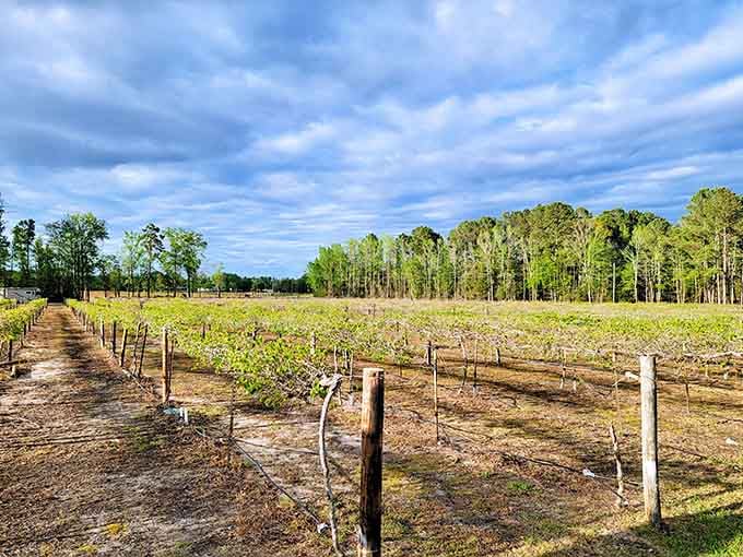 Young vines reaching for the sky, future bottles of happiness growing one sunny day at a time.