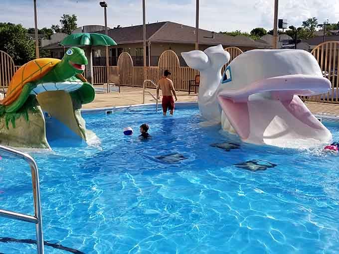 Outdoor pools, colorful slides, and a white whale sculpture that nobody asked for but everyone loves.