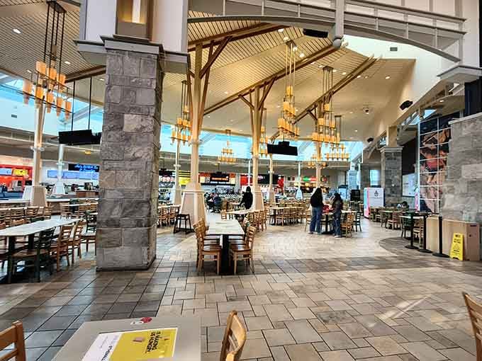 That food court ceiling alone is worth the trip, warm light, wood beams, and room to breathe.