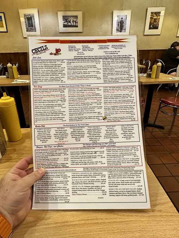 A menu this generous deserves its own reading glasses, cold sides, hot sandwiches, Reubens, burgers, and more await.