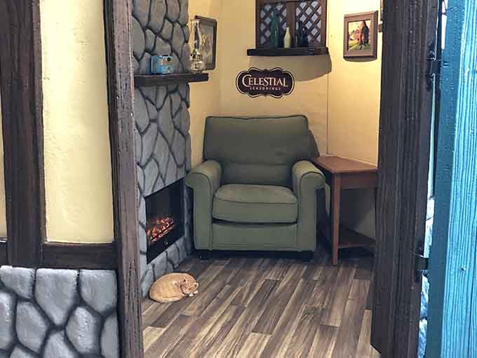 This cozy cottage corner, complete with a fireplace and armchair, is basically the Sleepytime bear's living room brought to life.