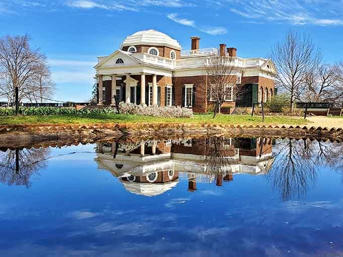 Monticello sits perfectly reflected in still water, a reminder that Thomas Jefferson really did have exceptional taste in real estate.
