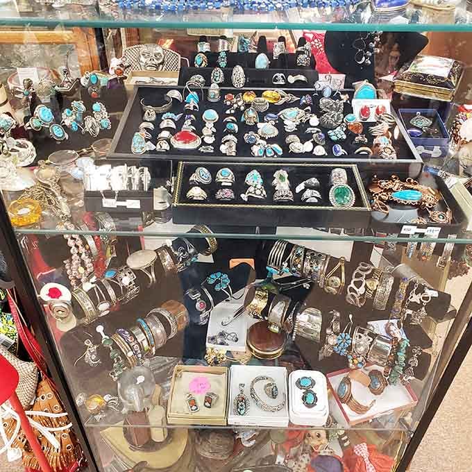 Turquoise, silver, and stone packed into one case, like a Southwestern gallery decided to go flea market.