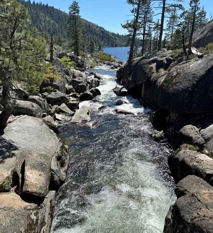 The Middle Fork of the Stanislaus River rushes downstream, putting on quite a show before the main event.