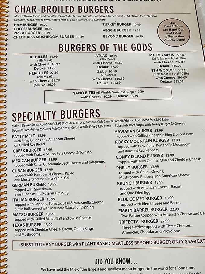 A menu so ambitious it needs its own zip code. The Burgers of the Gods section alone deserves applause.