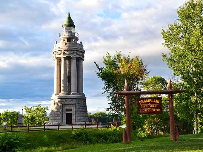 The Champlain Memorial Lighthouse stands tall and proud, looking like it belongs in Paris but chose upstate New York instead.